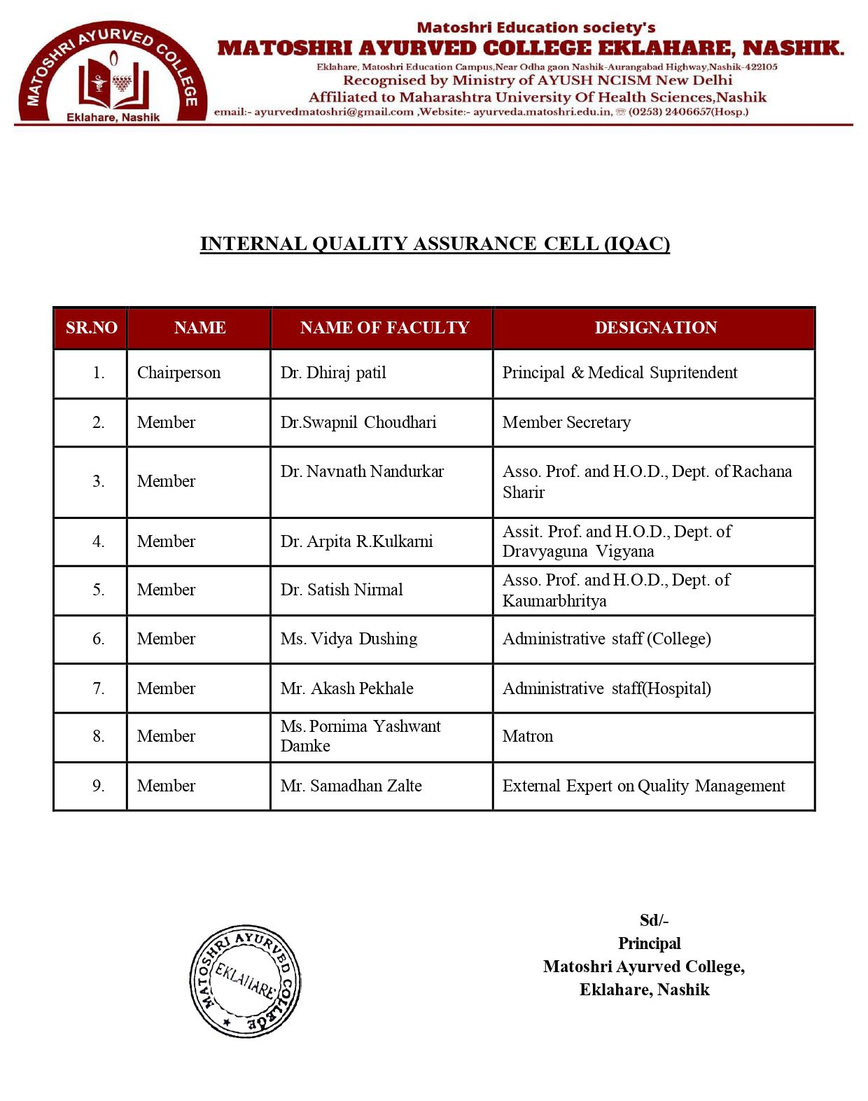 Internal Quality Assurance Cell – Matoshri Ayurved College and Hospital ...